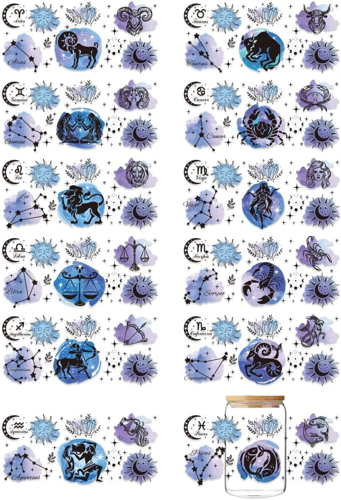 12 Sheets UV DTF Cup Wrap Transfer Stickers Star Sign Rub on Decals ...