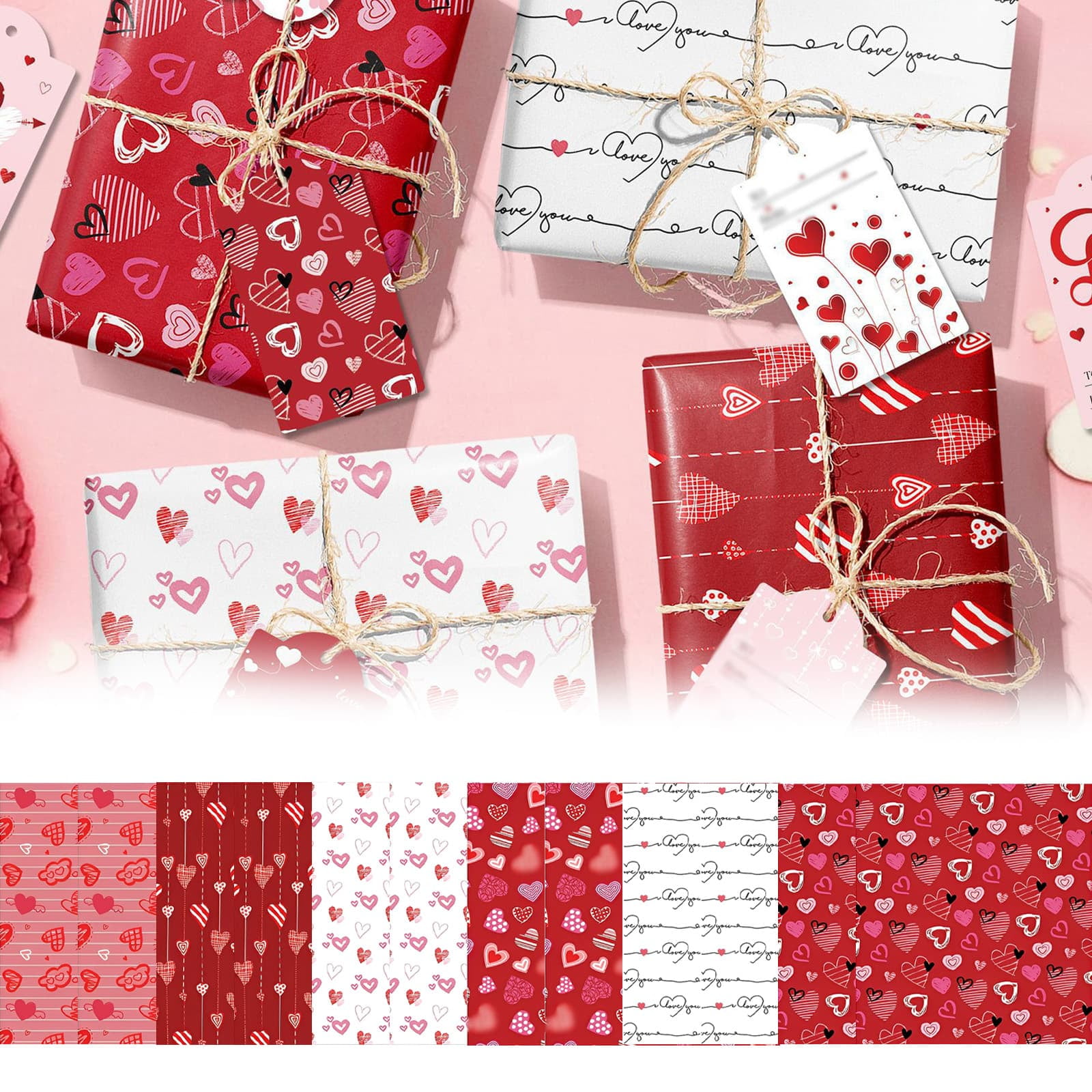 12 Sheets Valentines Wrapping Paper,20x27in Love Heart Gift Wrap Paper ...