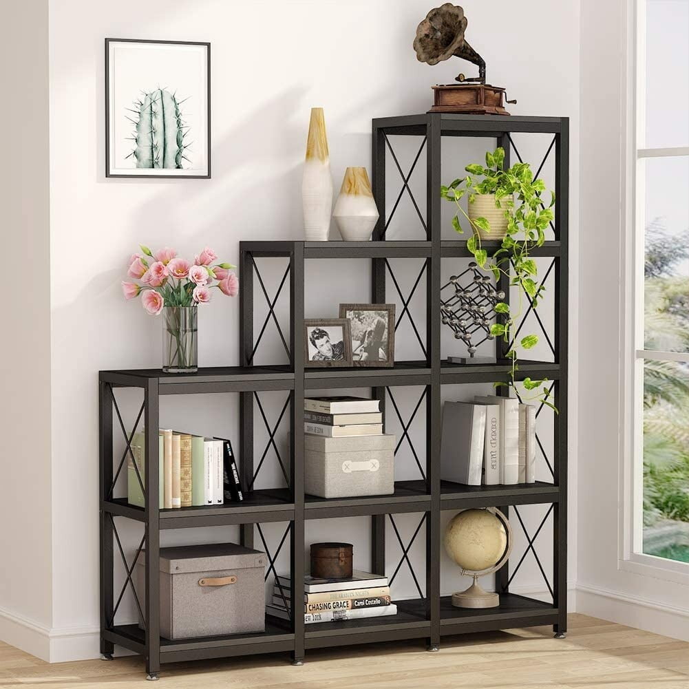12 Shelves Ladder Bookshelf, Industrial Corner Bookshelf Black Wood ...