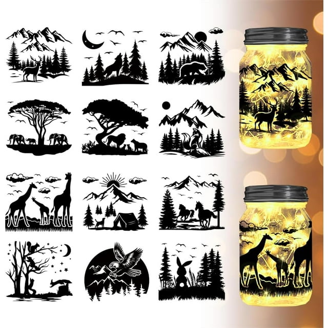 12 Silhouette Cutouts Decals Forest Animals Silhouettes Mason Jar ...