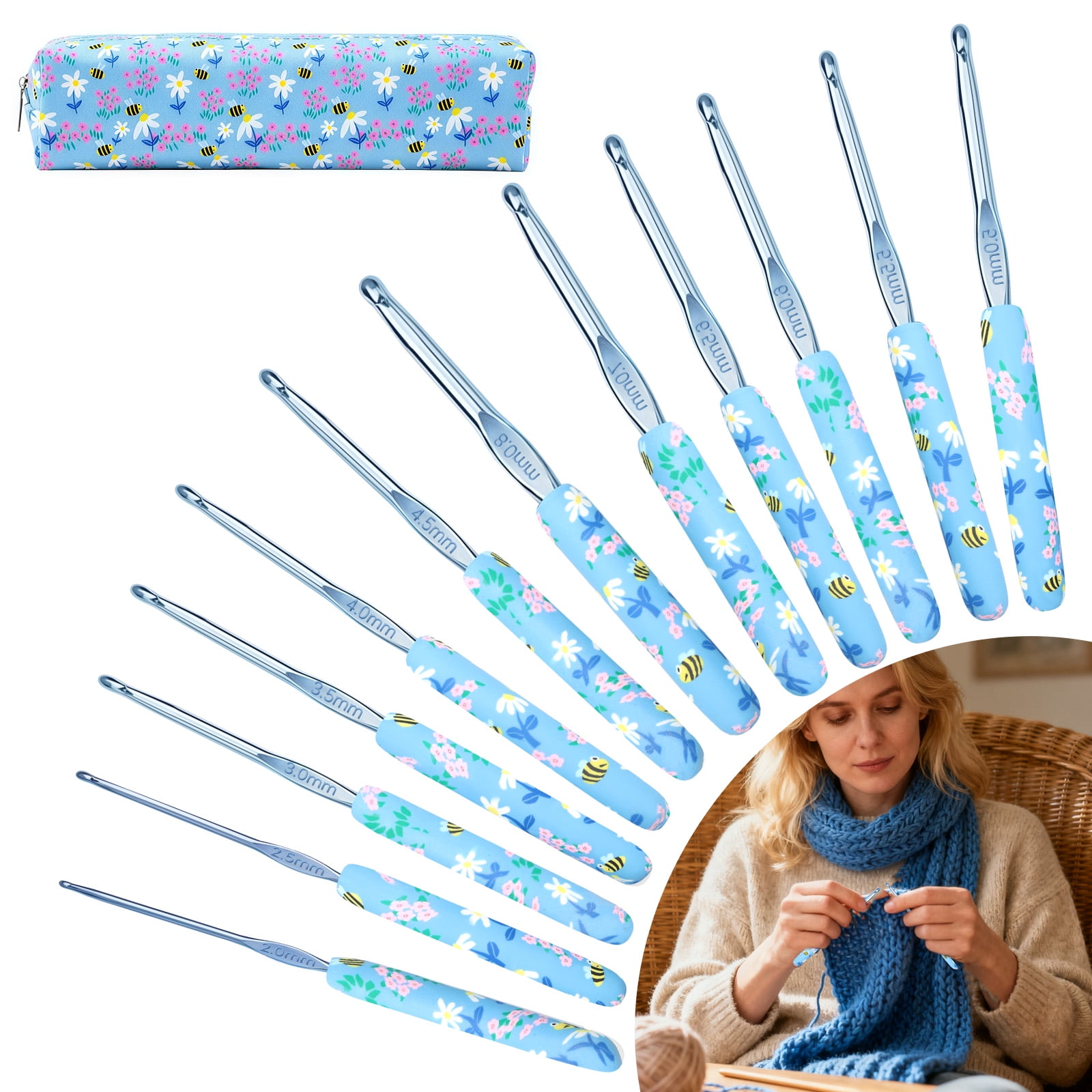 12 Sizes Crochet Hook Kit with Case, TSV Ergonomic Sewing Knitting ...