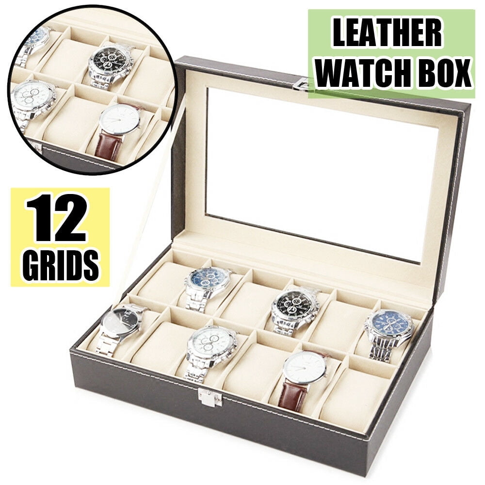 12 Slot Grids Leather Watch Collection Box Compartments Dual Layers ...
