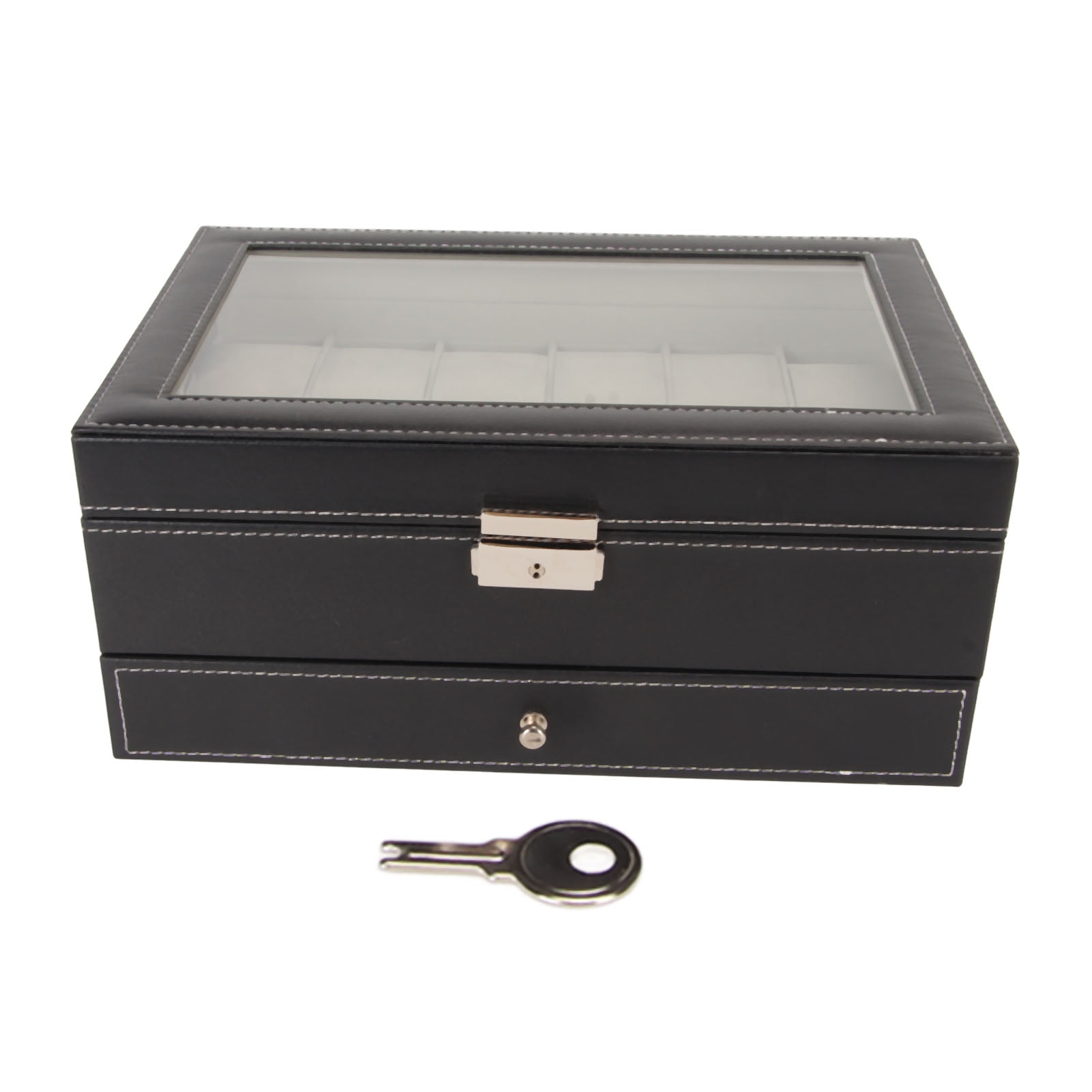 12 Slot PU Leather Lockable Watch Storage Box Organizer Black 2 Tier ...