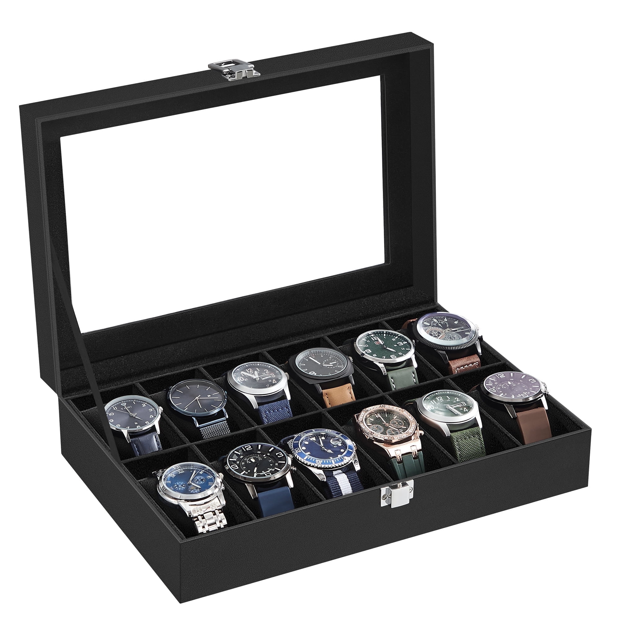 12-Slot Watch Box, 2 Layers Lockable Watch Case with Glass Lid with 1 ...