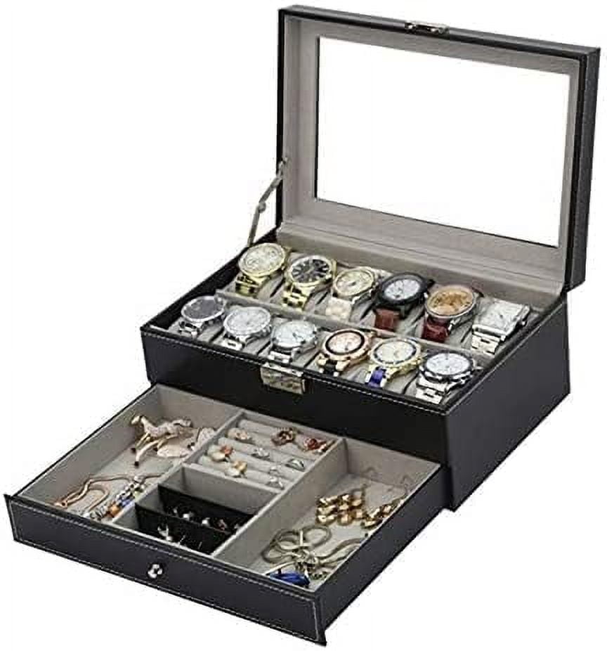 12 Slot Watch Box Case Lockable with Glass Lid, 2 Layers Watch Holder ...