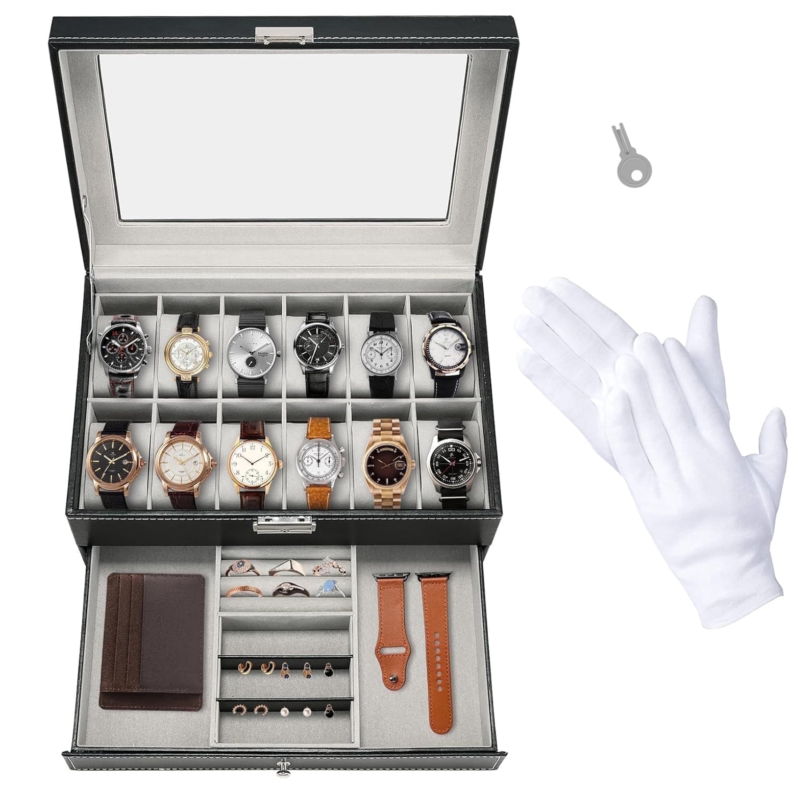 12-Slot Watch Box,Lockable Watch Case with Glass Lid, 2 Layers,with 1 ...