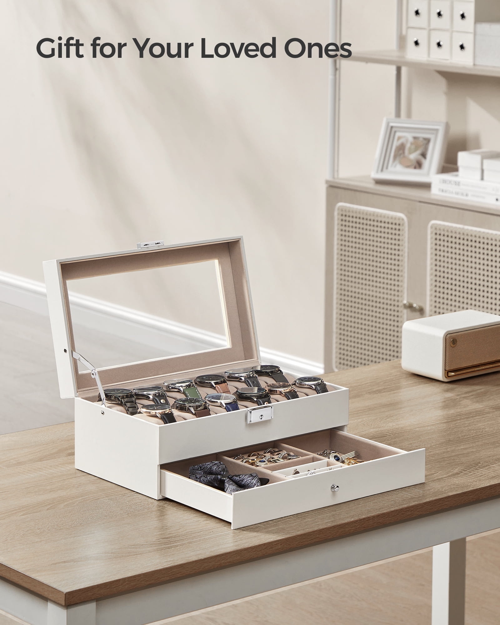 12-Slot Watch Box, Lockable Watch Case with Glass Lid, 2 Layers, with 1 ...