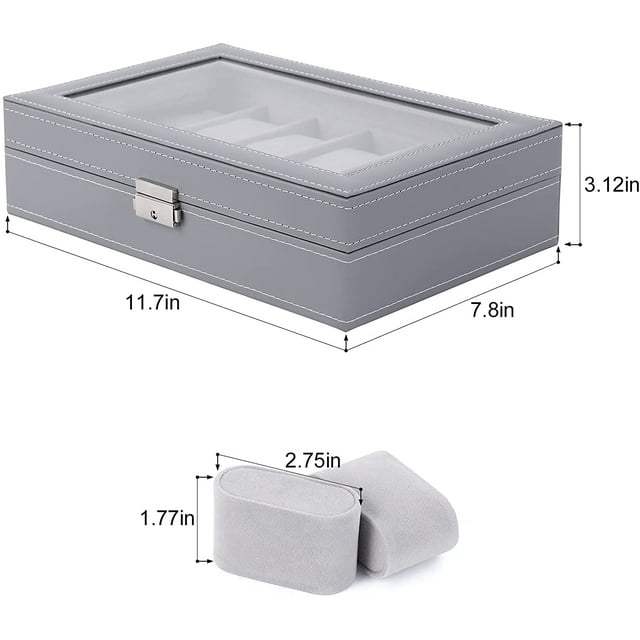 12 Slot Watch Case, Glass Top Lockable Jewelry Display Case, Synthetic ...