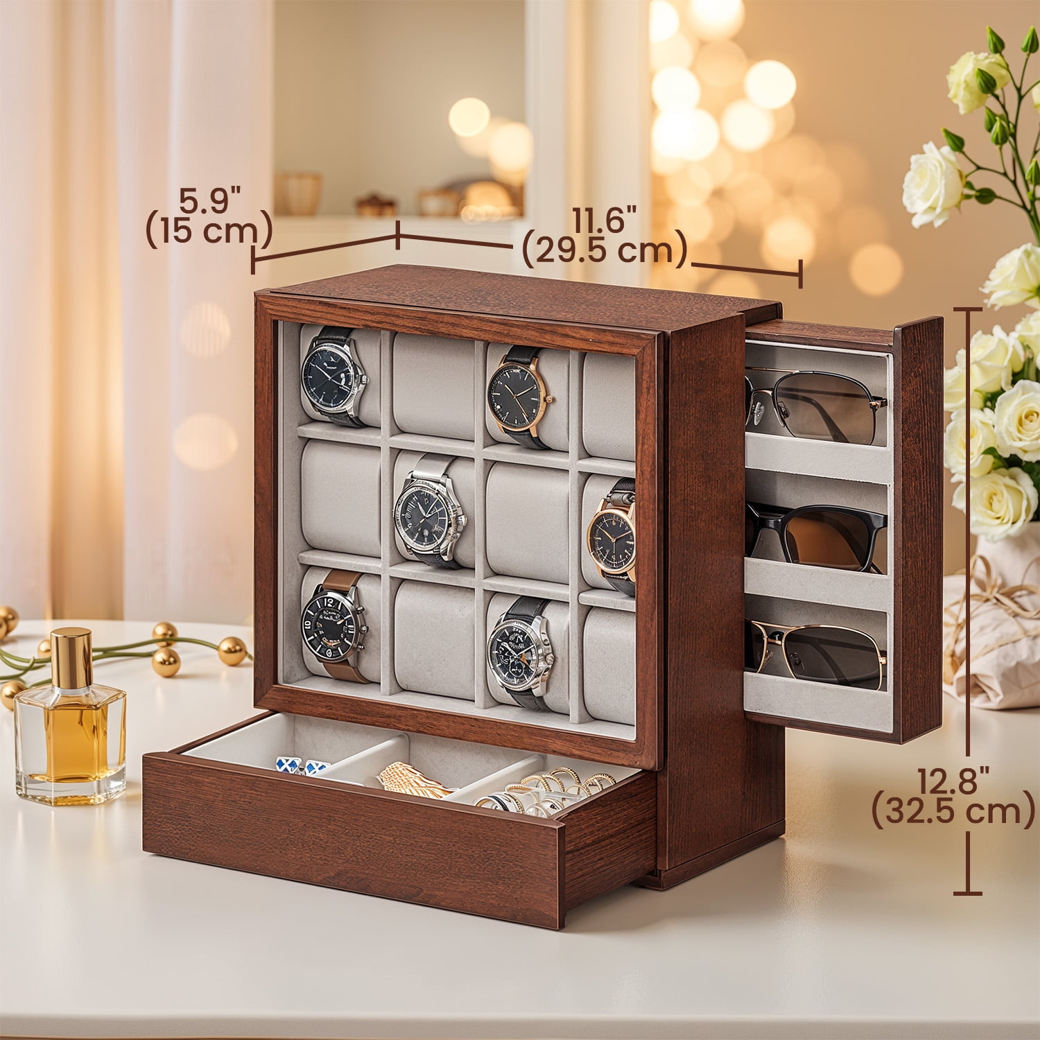 12-Slot Wooden Watch Display Case, Clear Window, Solid Wood Veneer ...