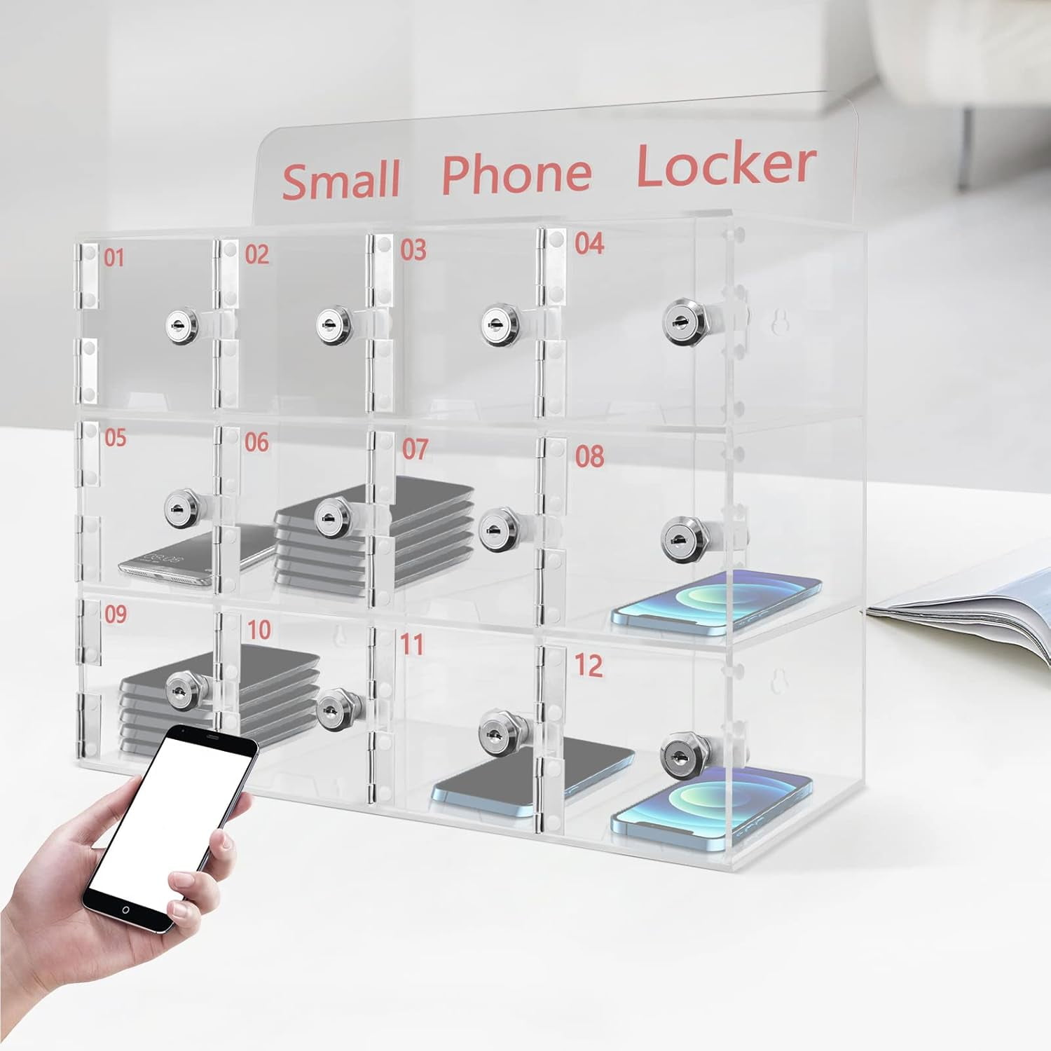 12 Slots Acrylic Clear Cell Phone Locker Box with Door Locks and Keys ...