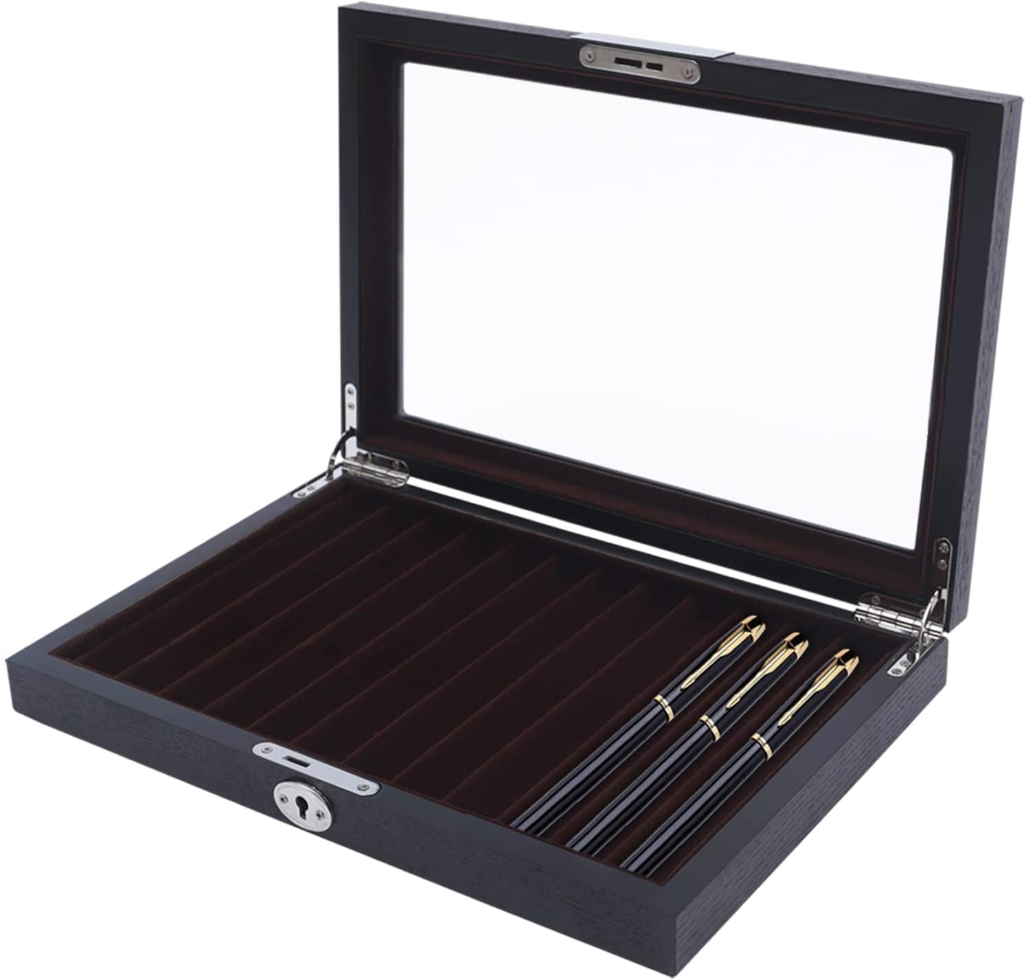 12 Slots Black Wooden Fountain Pen Case, Wood PU Flannel with Glass ...