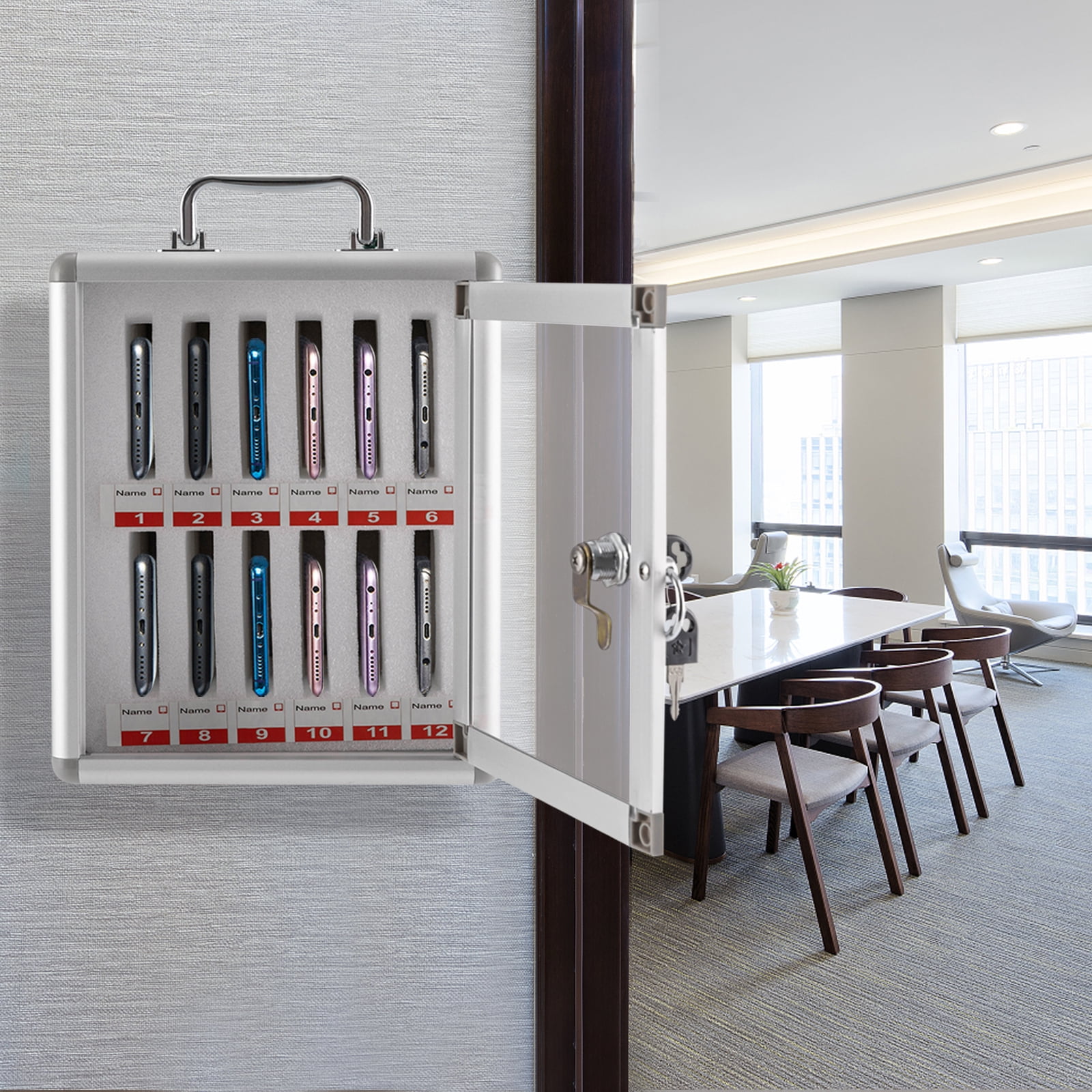 12 Slots Silver Aluminum Alloy Cell Phones Storage Cabinet Lockable ...