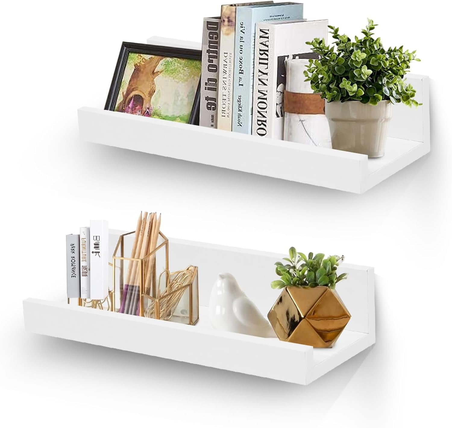 12" Small Floating Wall Ledge Shelves with Lip - Set of 2 Wood Floating ...
