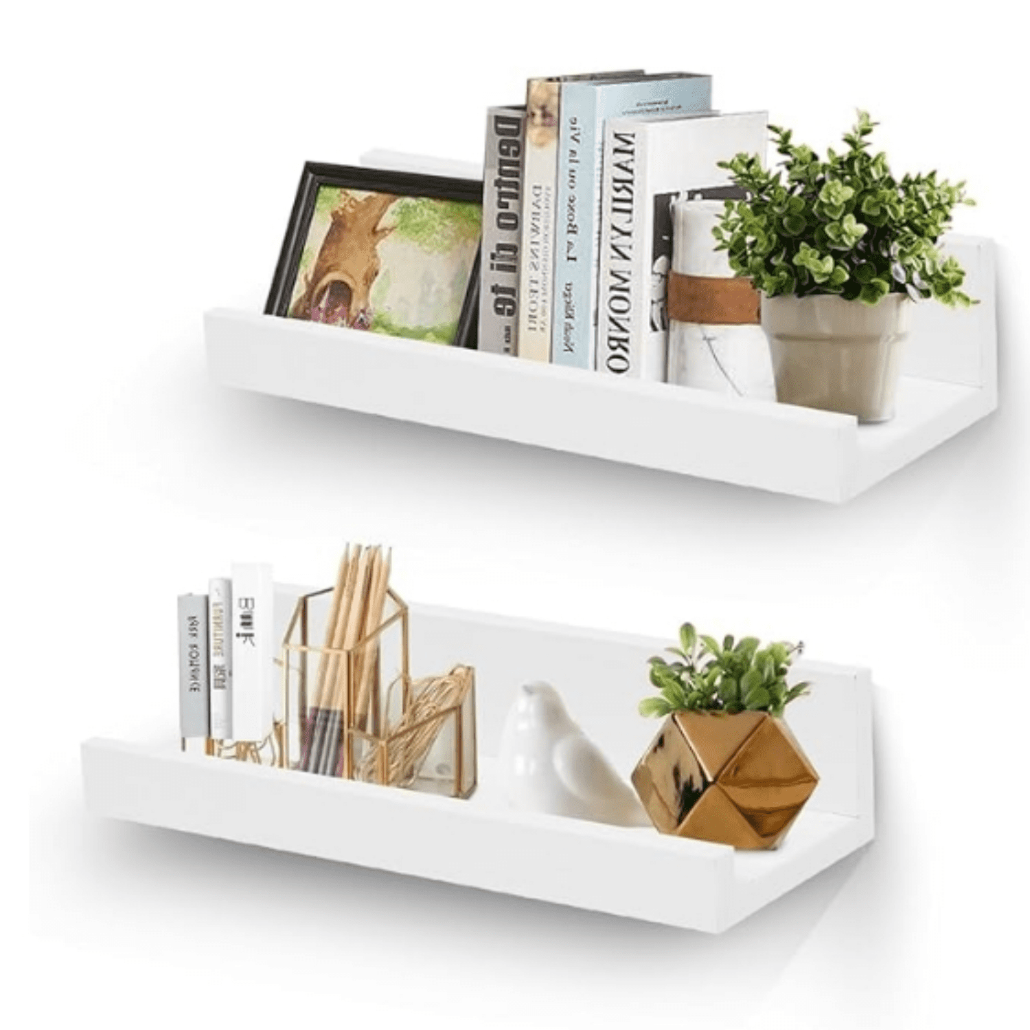12" Small Floating Wall Ledge Shelves with Lip - Set of 2 Wood Floating ...