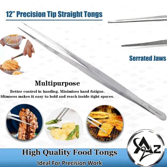 12"Stainless Steel Long Food Tongs Straight Fine Tweezers Grill Bbq ...