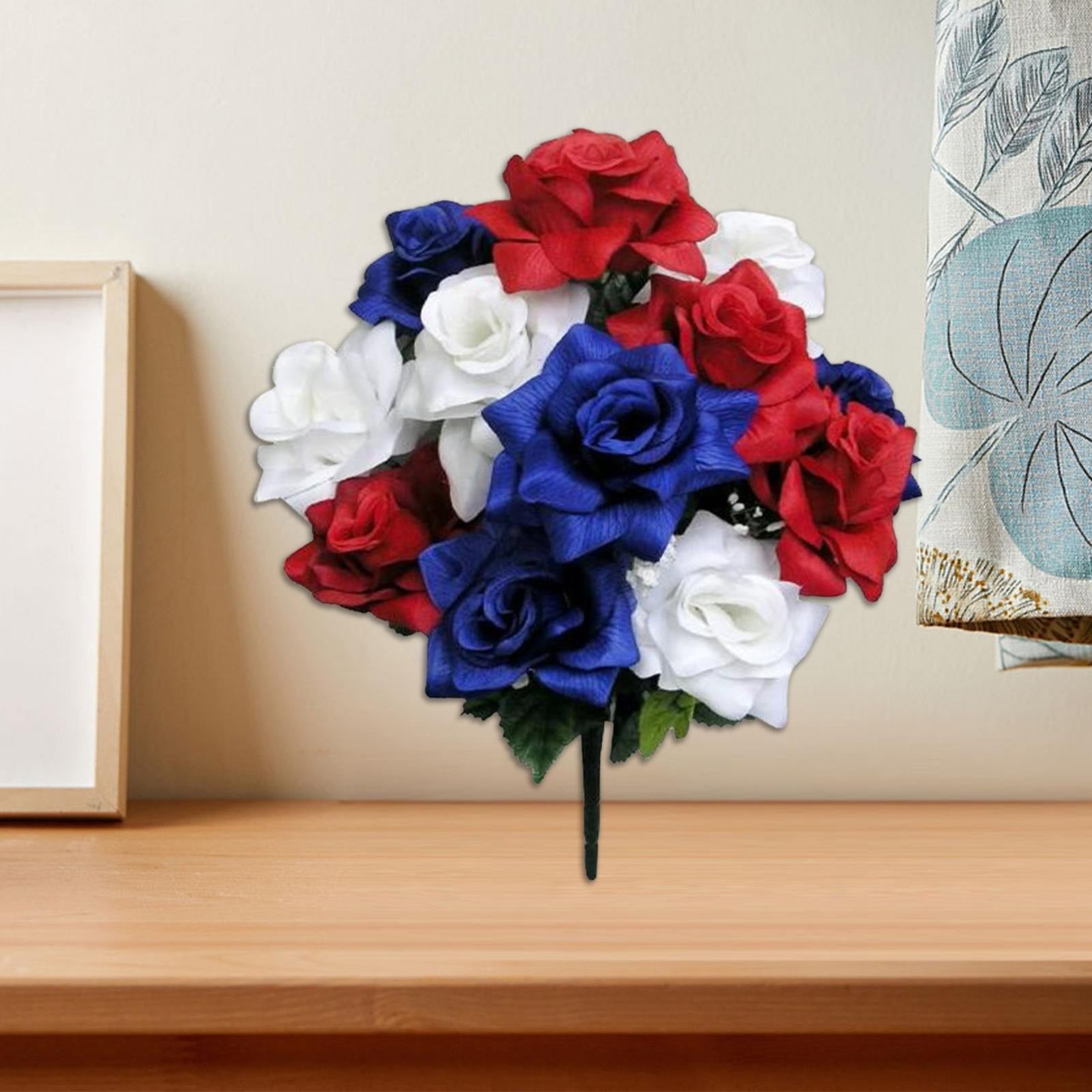 12 Stems Artificial Veined Satin Rose Flowers, Red White Blue Bouquet ...