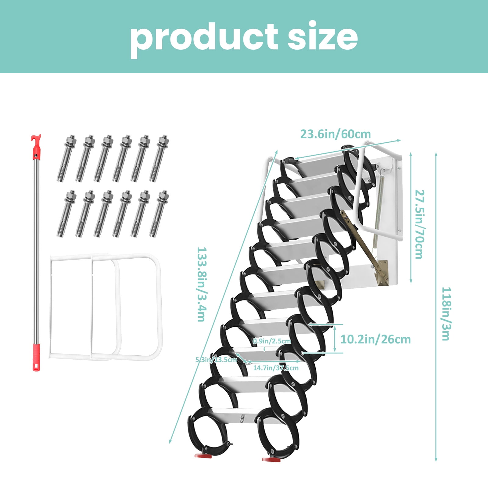 12 - Step Aluminum - Magnesium Alloy Foldable Pull - Down Attic Ladder ...