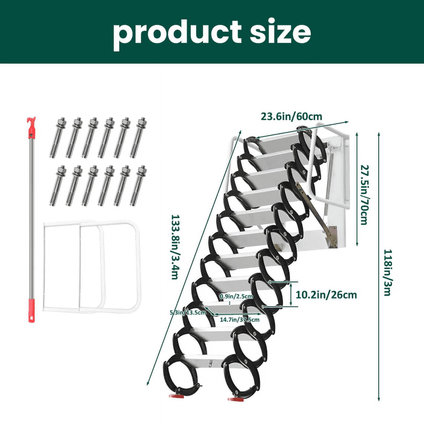 12-Step Folding Attic Ladder Extension Loft Stairs Wall Mounted Metal ...