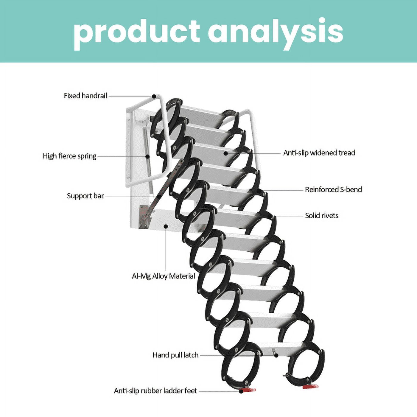 12-Step Folding Attic Ladder Extension Loft Stairs Wall Mounted Metal ...