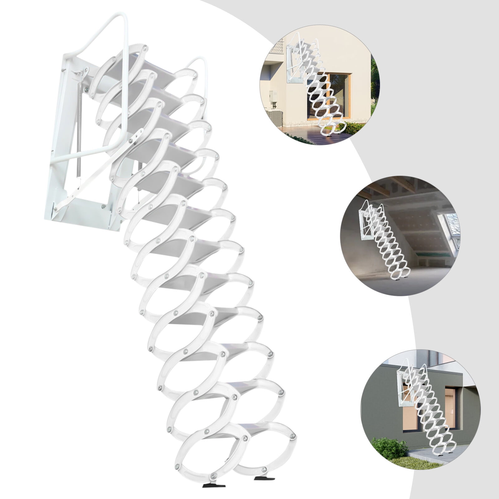 12-Step Wall-Mounted Folding Ladder, 400kg Capacity White Alloy Ladder ...
