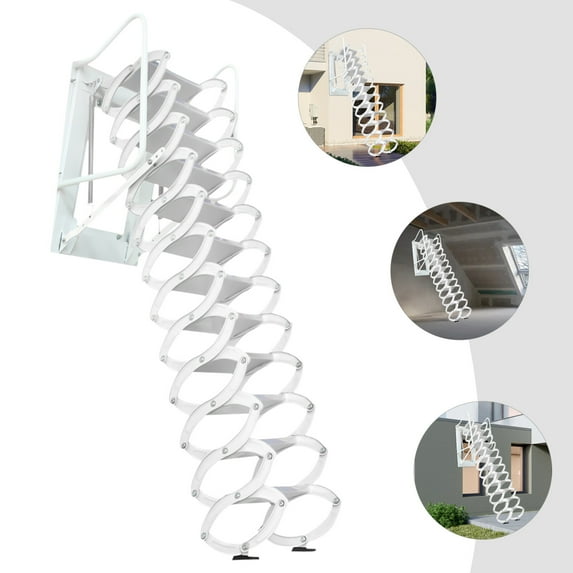 12-Step Wall-Mounted Folding Ladder, 400kg Capacity White Alloy Ladder ...