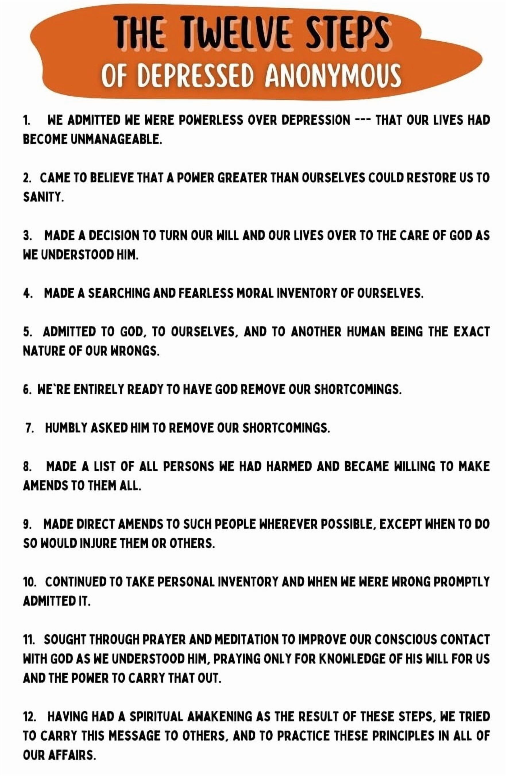 The 12 Steps of DA Depressed Anonymous Poster for Addiction Recovery ...