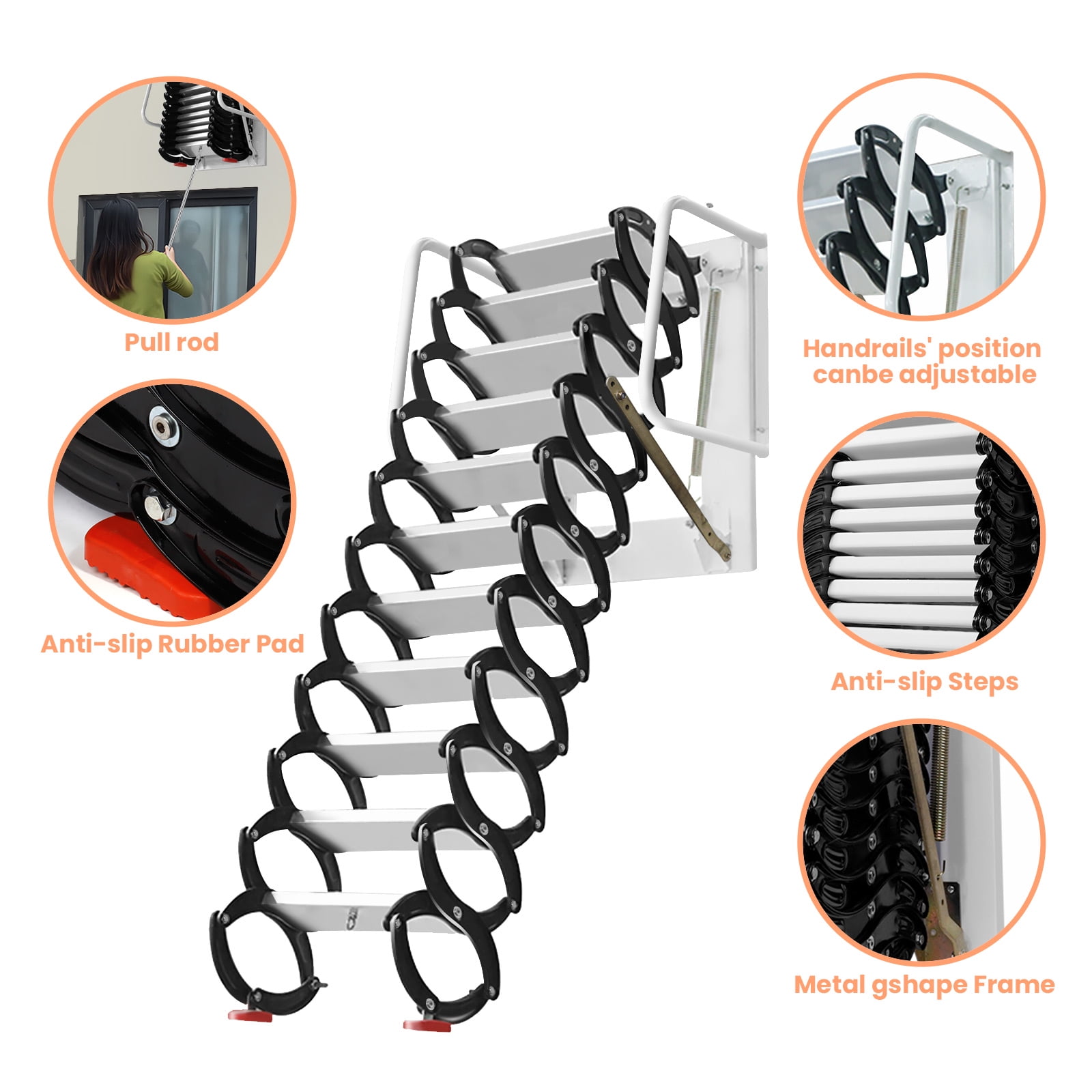 12 Steps Wall-Mounted Folding Stairs, Extra Wider 4in Attic Stairs ...