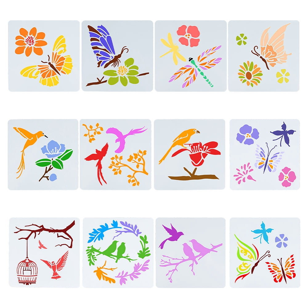12 Styles 20x20cm Bird Tree Branches Stencil Flower Butterfly Templates ...