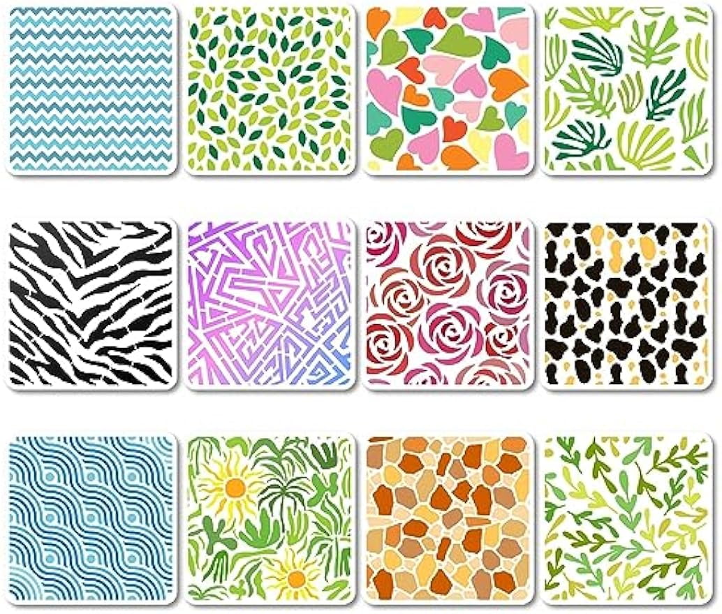 12 Styles Layering Mixed Media Stencils Leopard Geometric Leaf Spirals ...