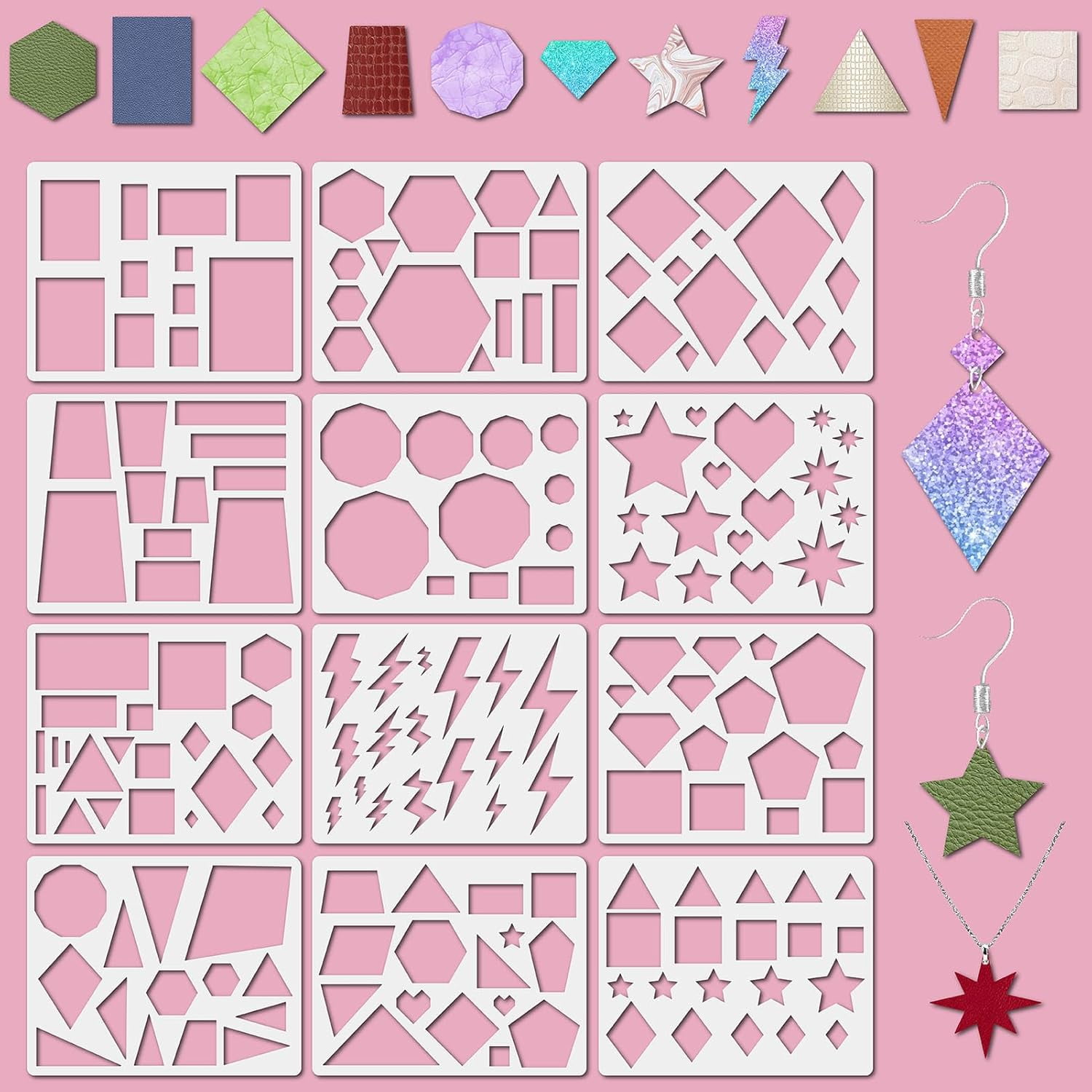 12 Styles Reusable Leather Earrings Making Templates Geometric Square ...