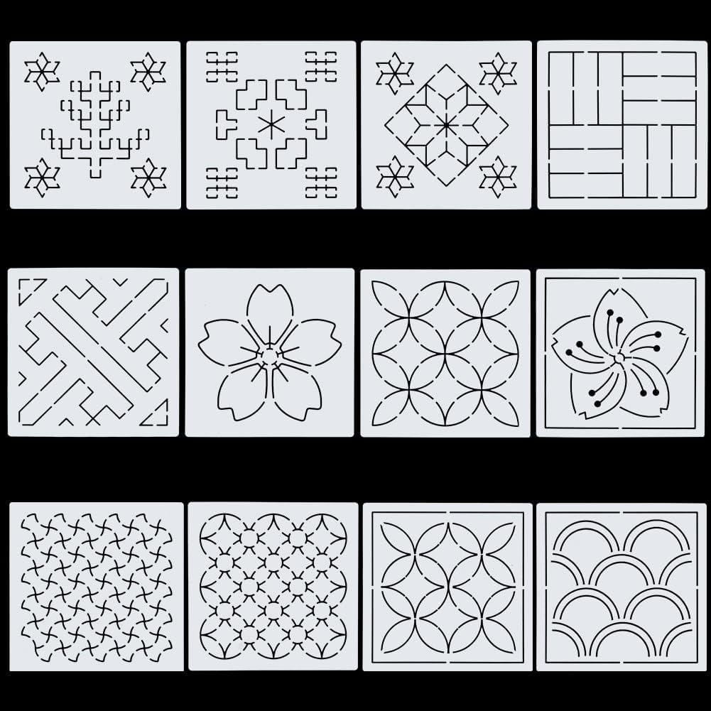 12 Styles Sashiko Stencils Plastic Sashiko Patterns Templates for ...