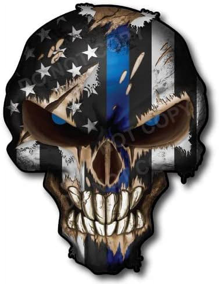12" Tall Thin Blue Line Skull with Blue Reflective Eyes Police Officer ...