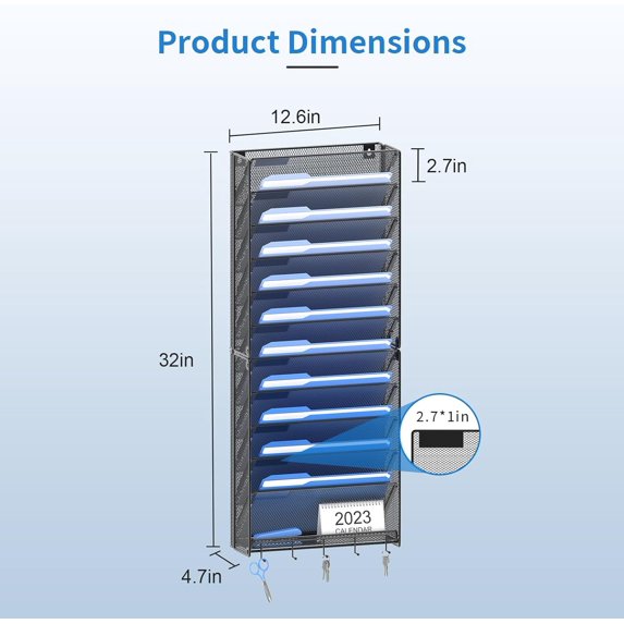 12 Tier Hanging Wall File Organizer with Hooks, Vertical Office File ...