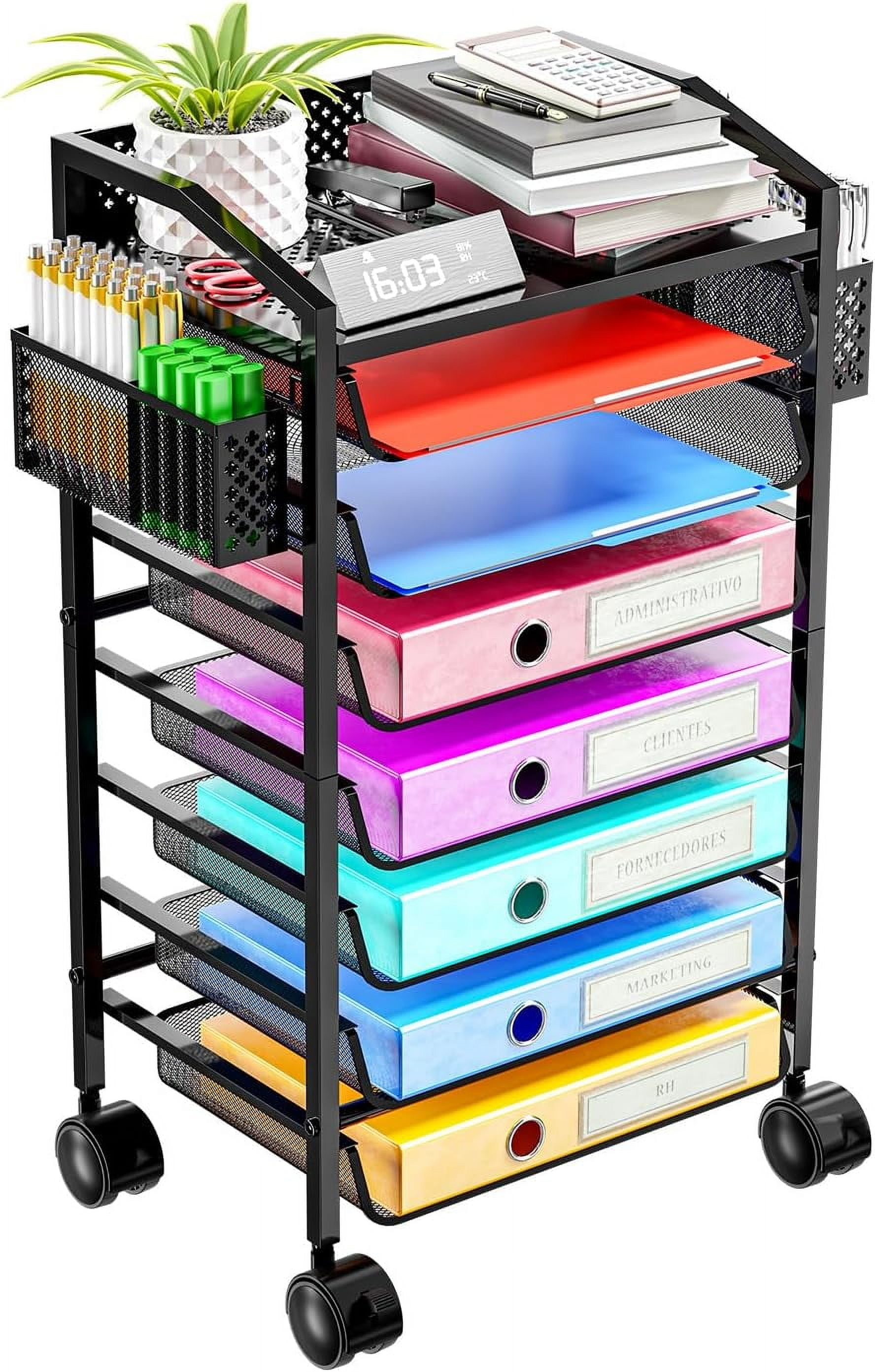 12 Tier Rolling File Cart,Wood Desk File Organizer with Sliding Trays ...