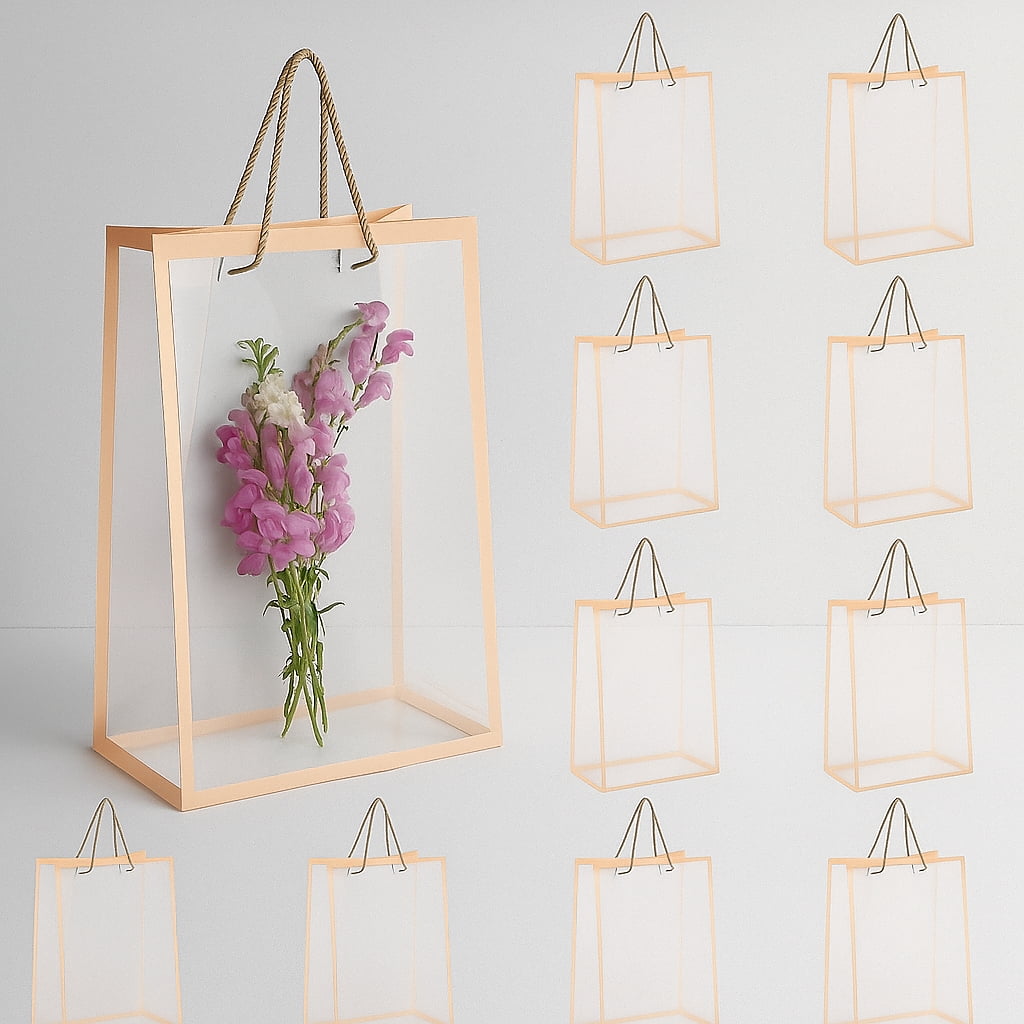12 Transparent Floral Gift Bags with Handles, Pink Edges, Perfect for ...
