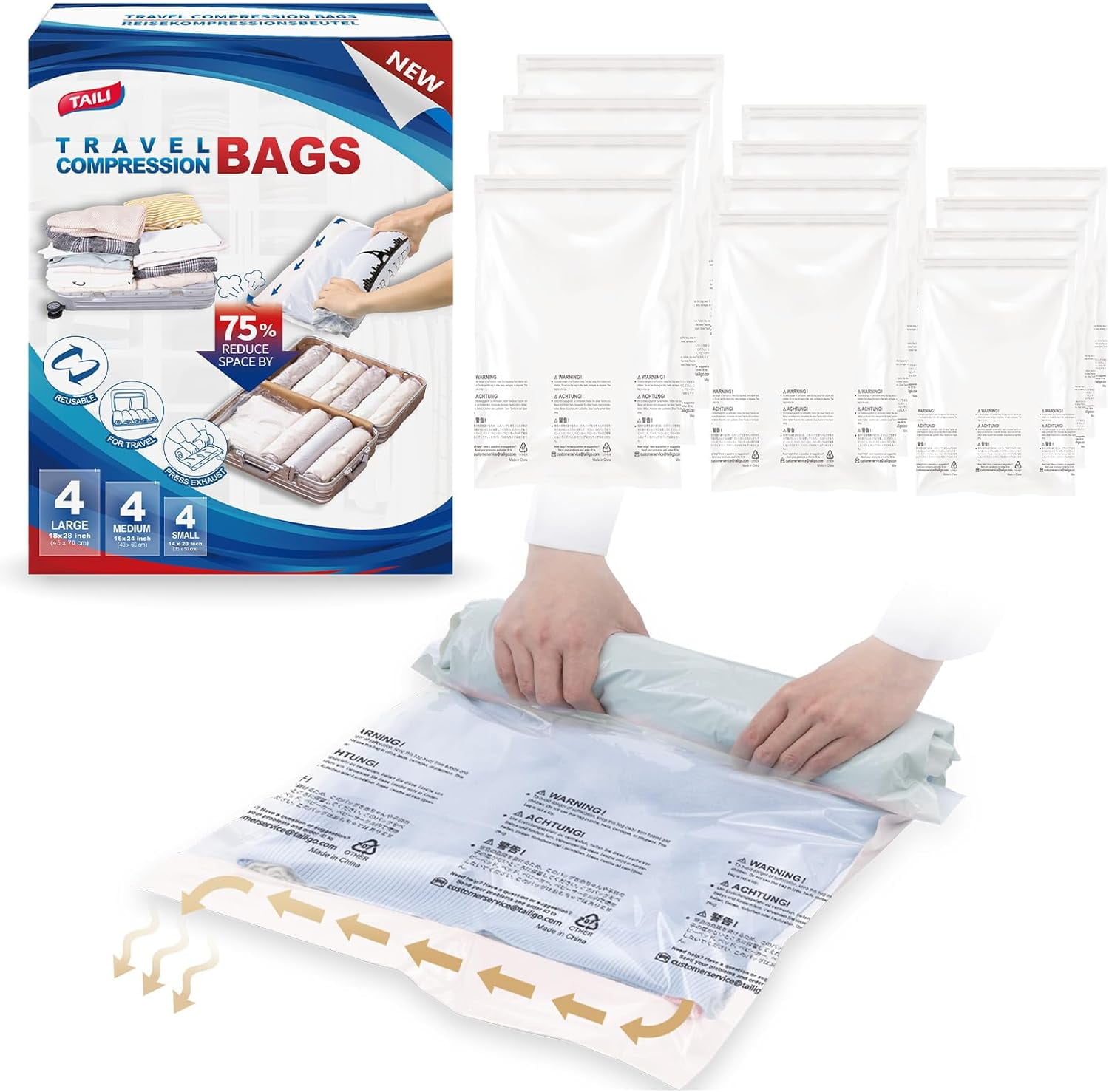 12 Travel Compression Bags, Roll Up Space Saver Bags (4 Small+4 Medium+ ...