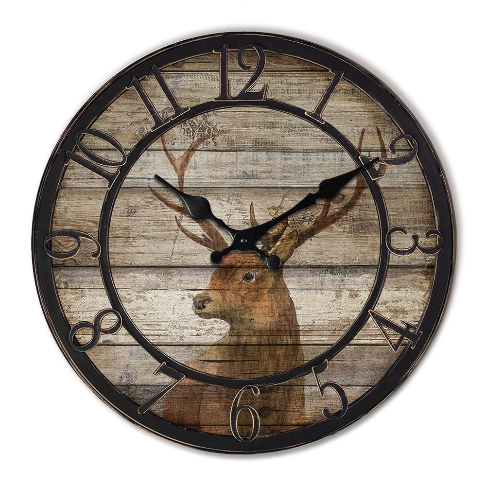 "12"" Farmhouse Wooden Deer Head Wall Clock, Vintage, Silent Non ...