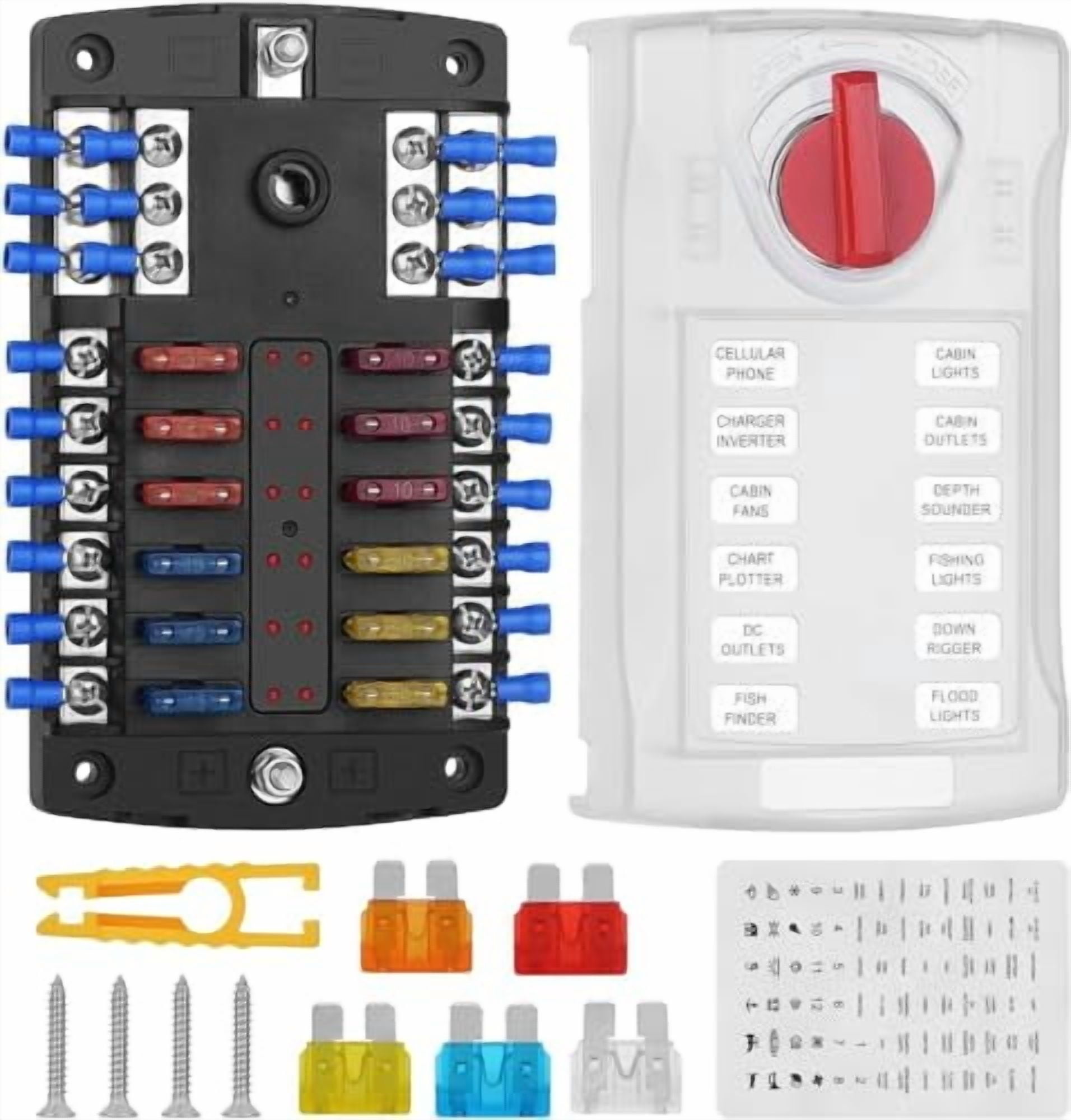 12 Volt Fuse Block, Waterproof Boat Fuse Panel with LED Warning ...