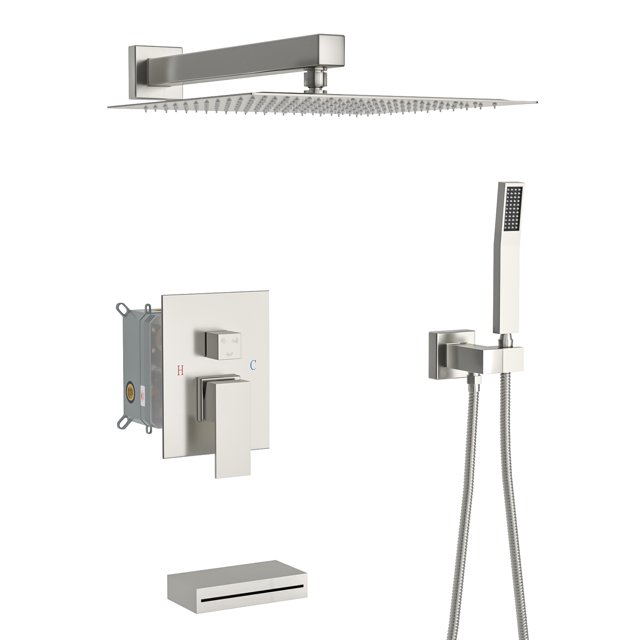 12″ Wall-Mounted Square Brushed Nickel Shower Set with Waterfall ...