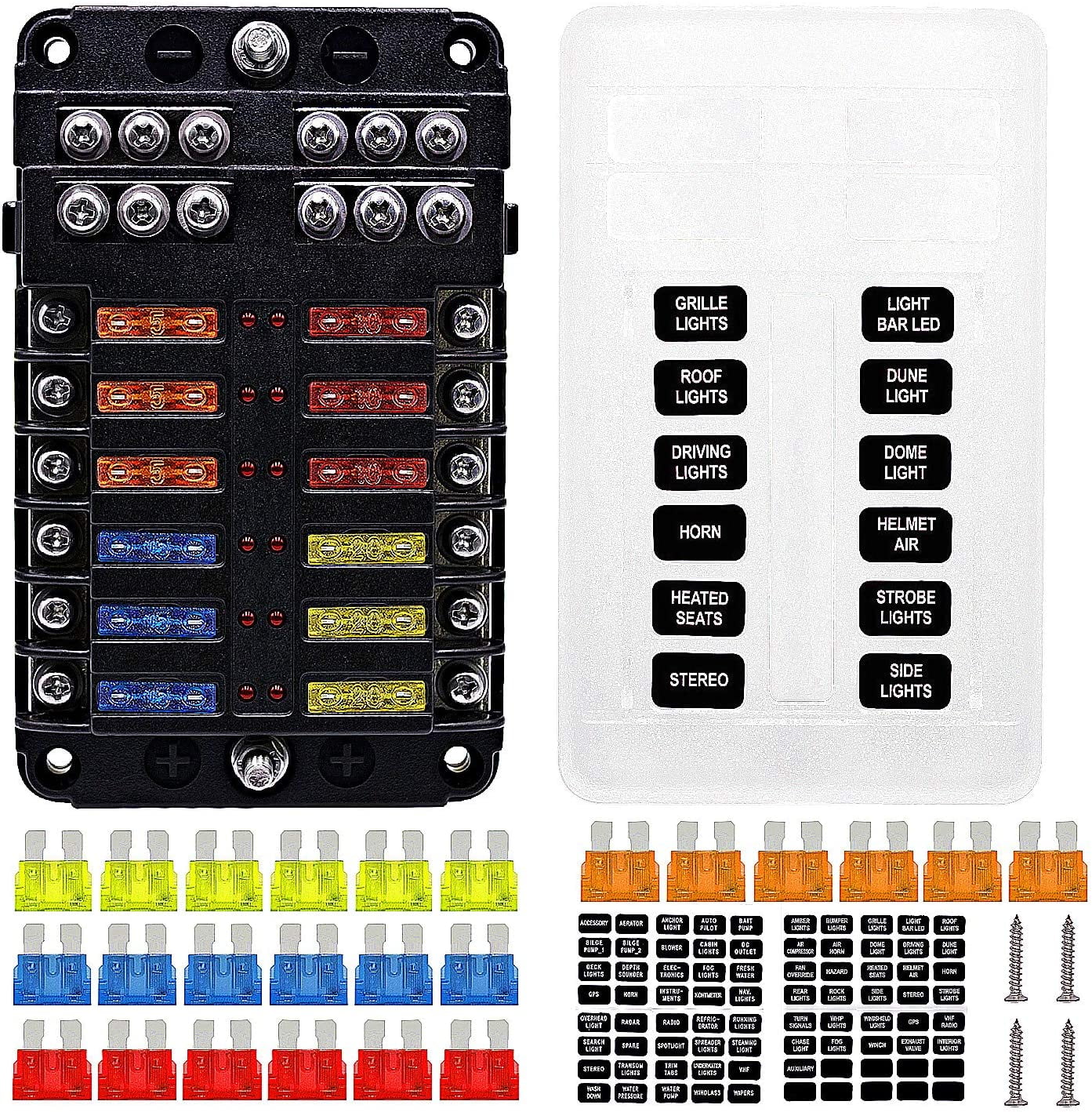12 Way Car Blade Fuse Holder Fuse Blocks Box with LED Indicator with ...
