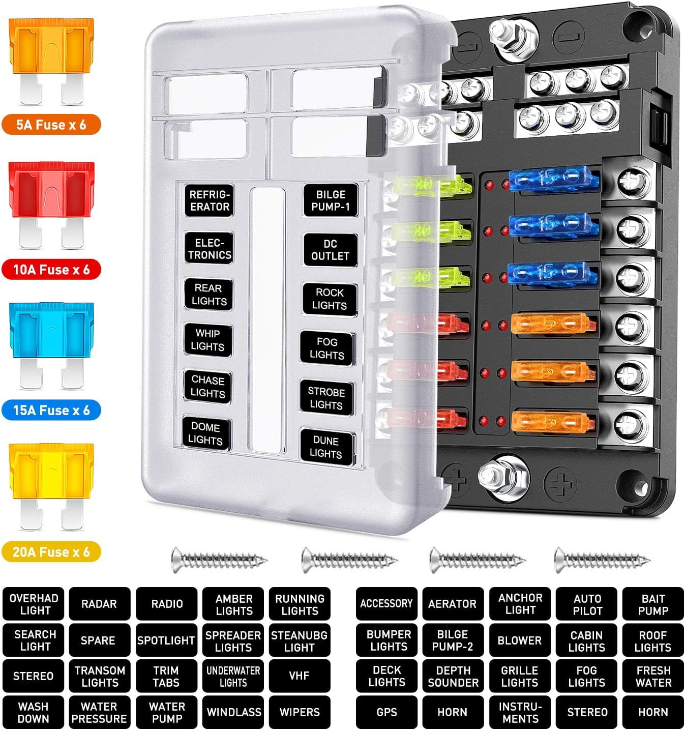 12 Way Marine Fuse Block, 12V Fuse Box with Led Indicator Waterproof ...