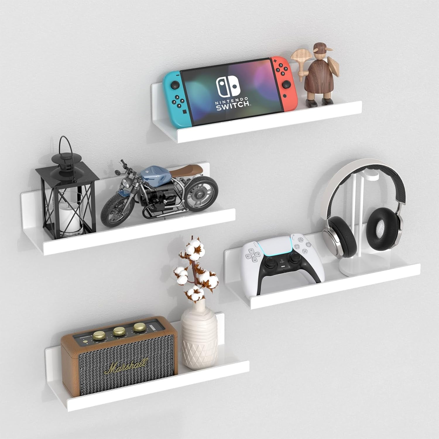 12" White Acrylic Floating Shelves, 4 Pack with Cable Clips, Book Shelf for Expand Display Space ...