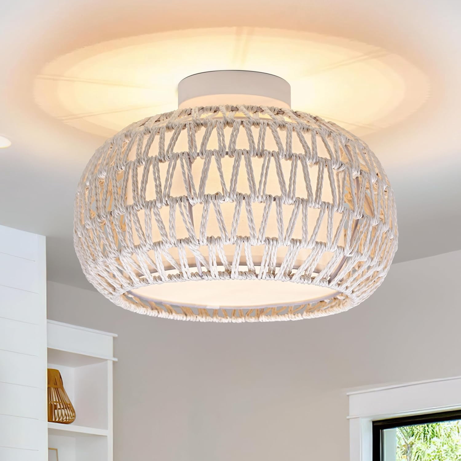 12" White Rattan 3-Light Flush Mount Ceiling Light Fixture with Fabric ...