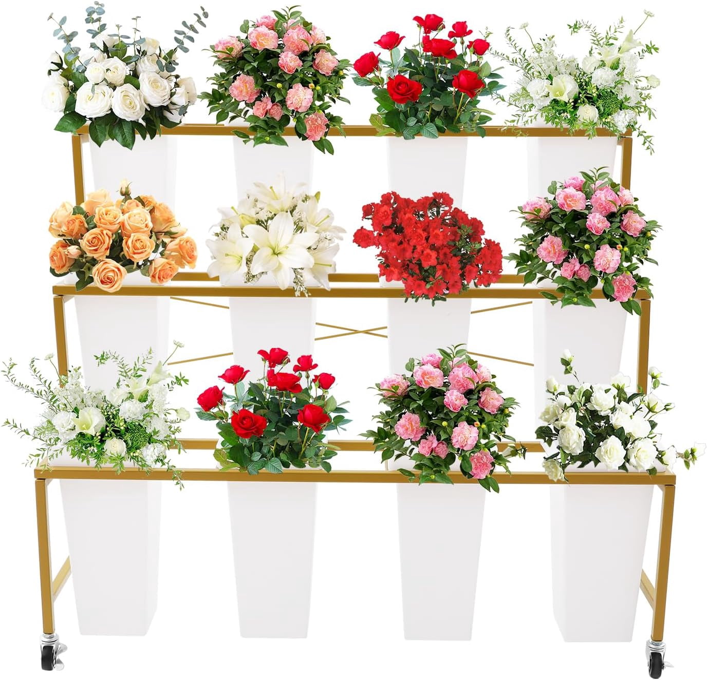 (12 White Square Buckets and Gold Frame, 3 Tier) Flower Display Stand ...