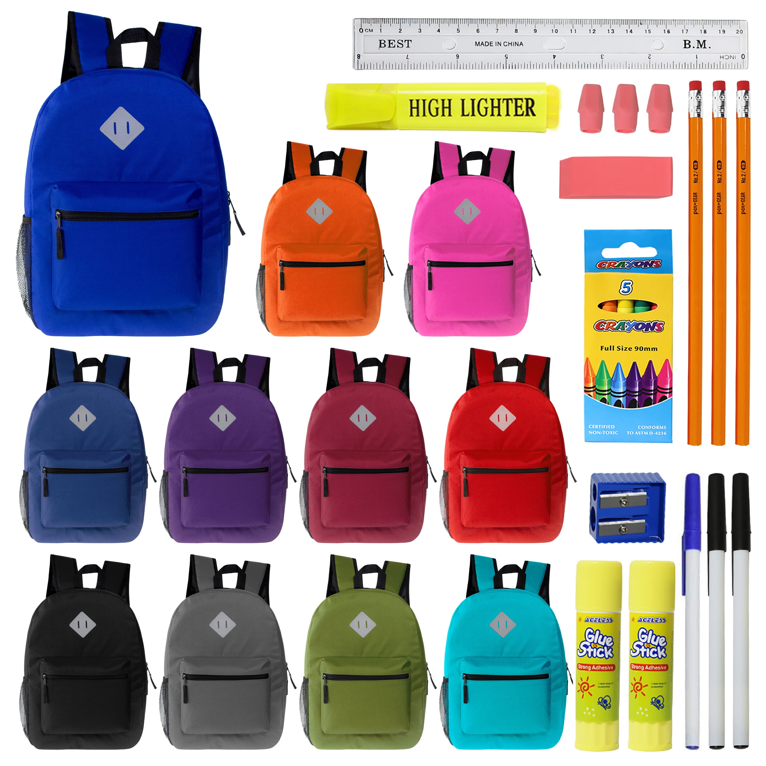 12 Wholesale 17" Diamond Patch Backpacks in Asst Colors & 12 Bulk ...
