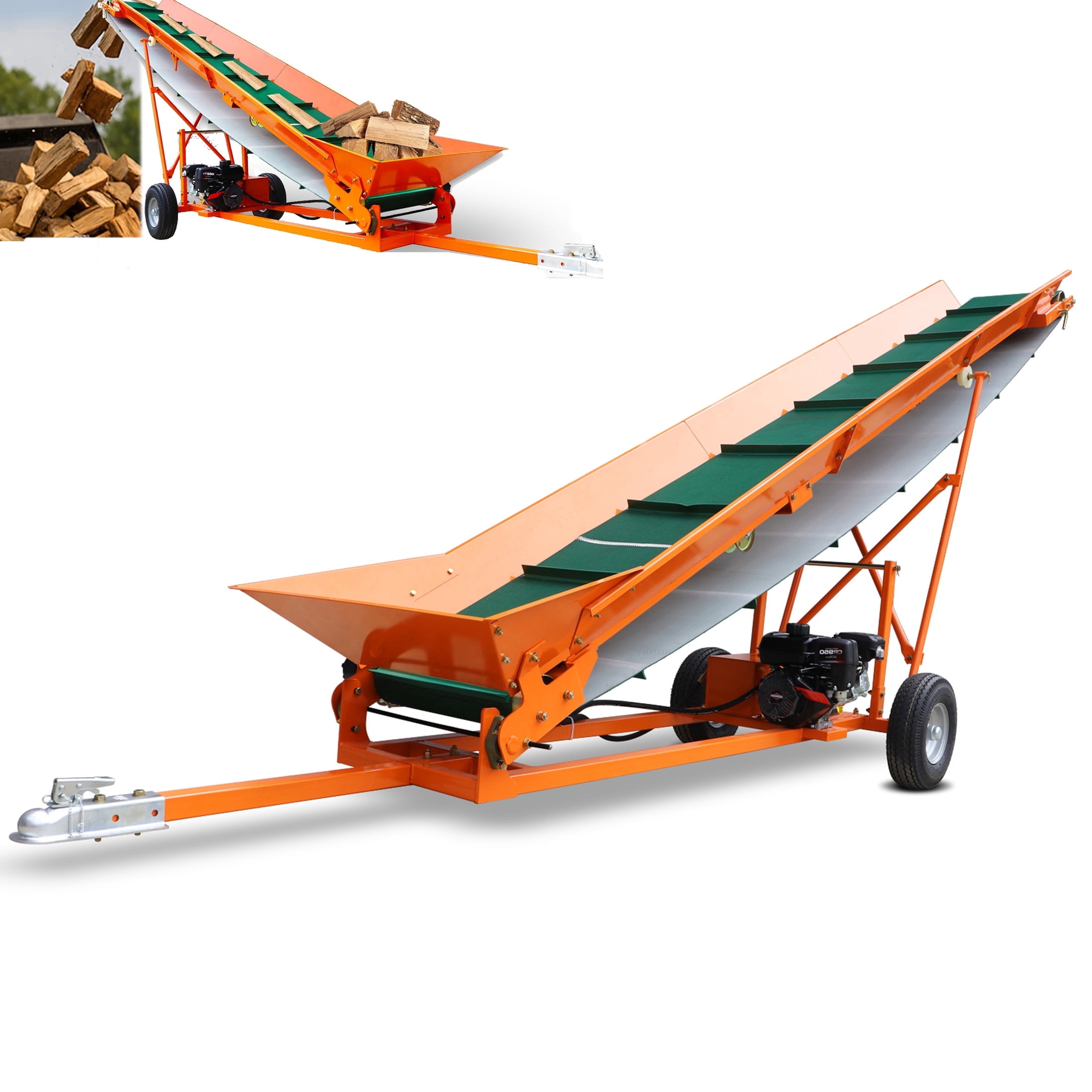 12" Width PVC Belt Firewood Conveyor, 118" Max Height, 6.5HP Heavy Duty ...