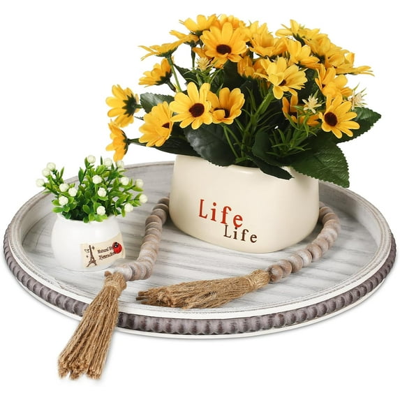 12'' Wood Decorative Tray Round, Wooden Beaded Tray Decorative Coffee ...