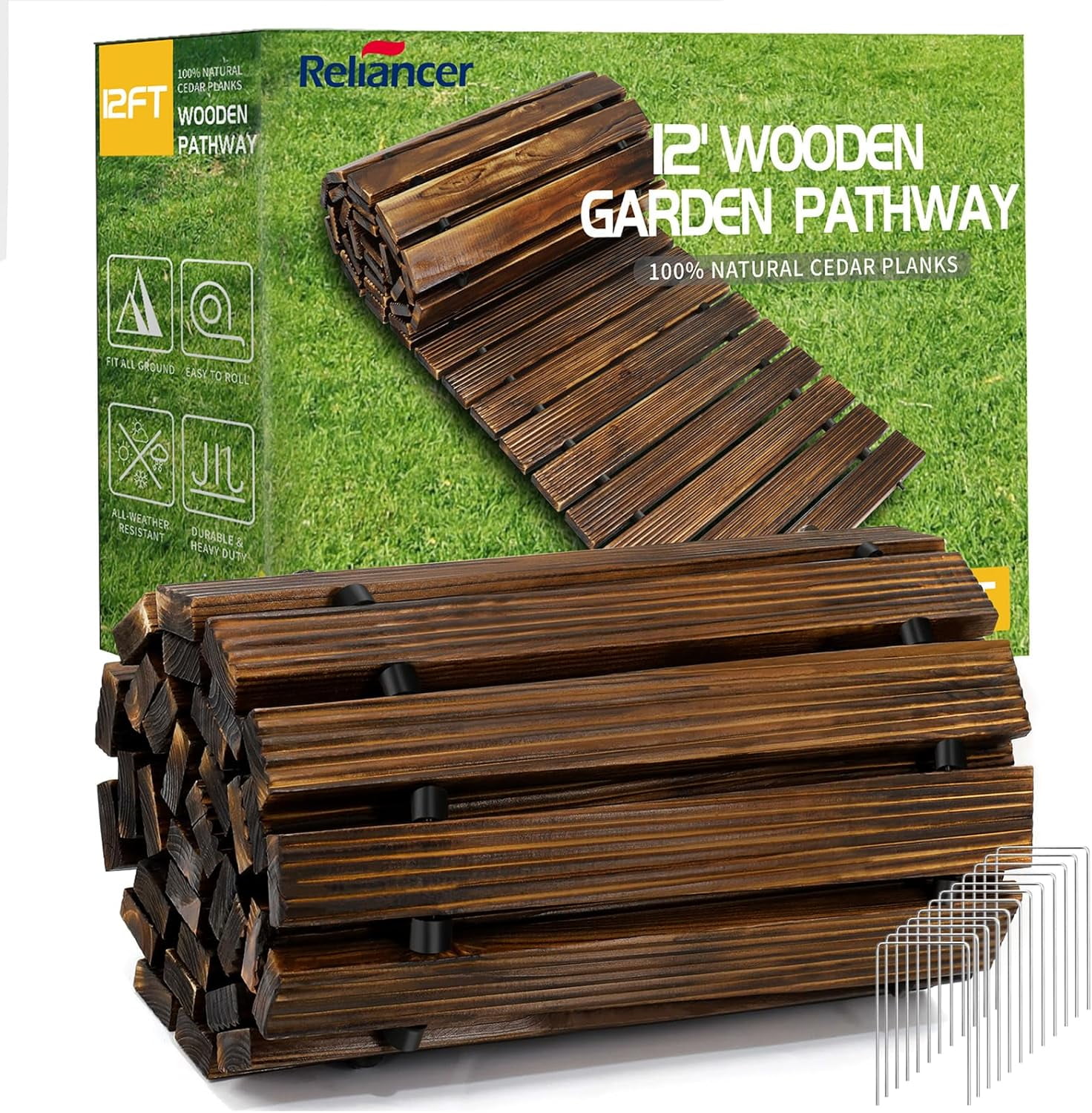 12' Wooden Garden Pathway,Outdoor Roll Out Cedar Straight Walkway,Patio ...