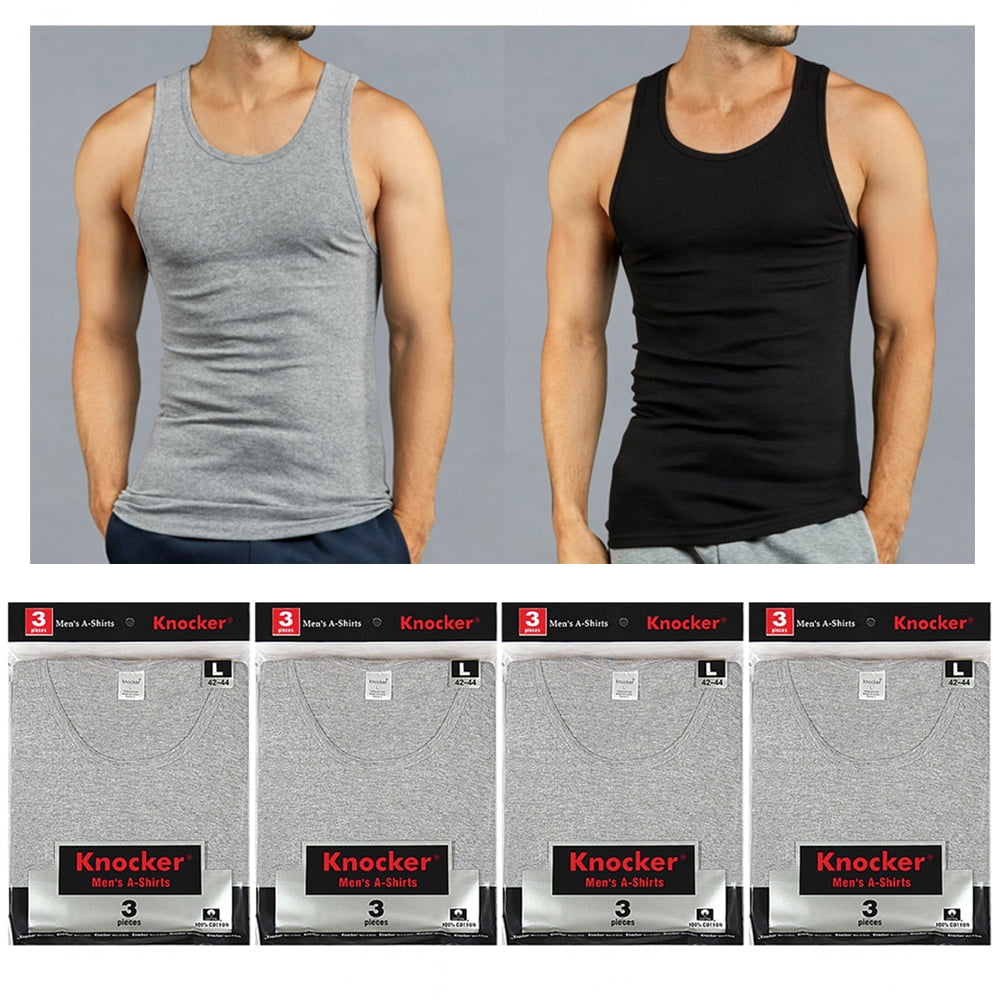 12 X Mens Tank Tops 100% Cotton A-Shirt Ribbed Pack Undershirt Black ...