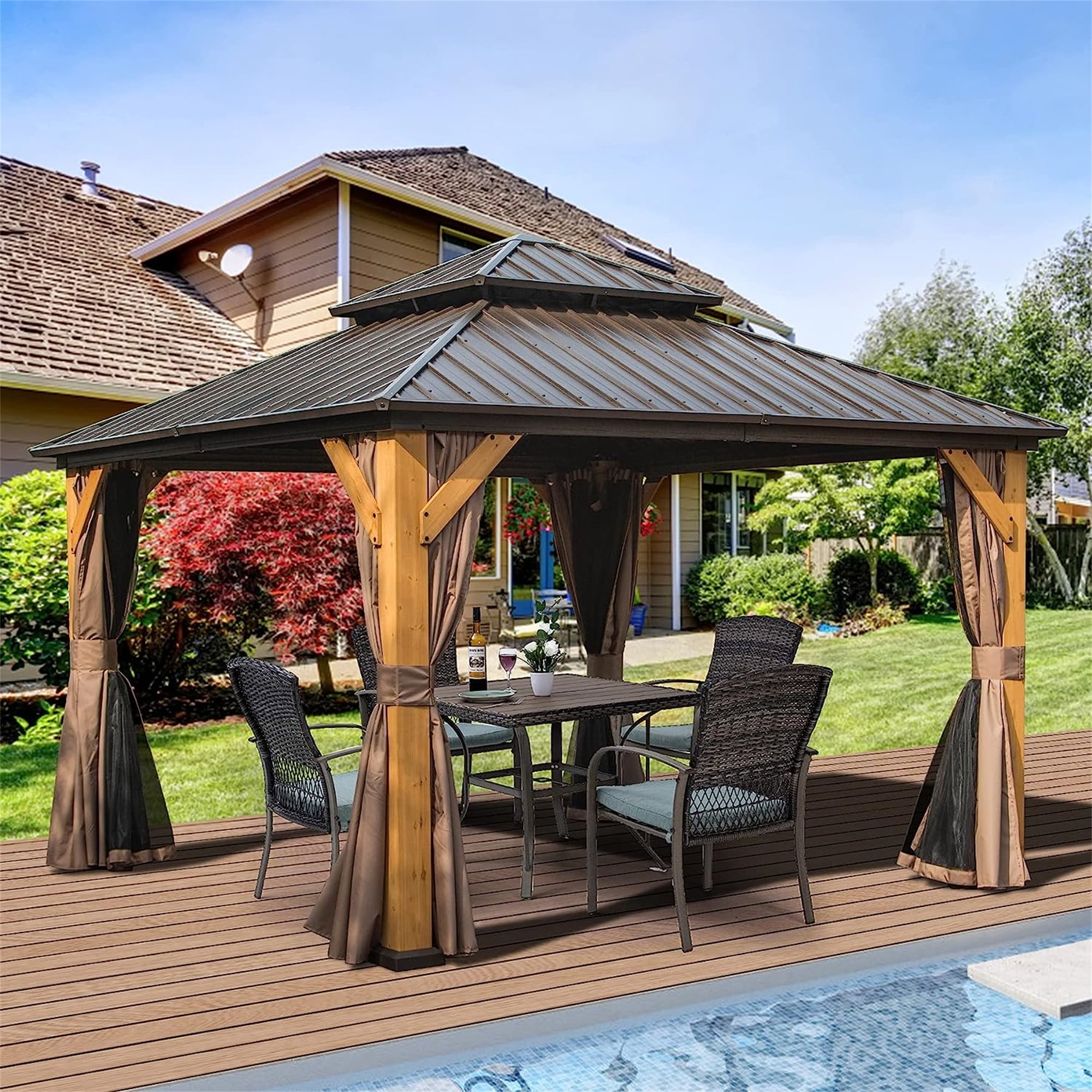 12'X12' Hardtop Gazebo, Outdoor Cedar Wood Frame Canopy with Galvanized ...